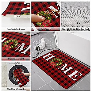 Prironde Front Door Mats Outdoor Indoor Kitchen Mat, Black Red Plaid Green Christmas Wreath Red Bow Xmas Home Entrance Doormat Non-Slip Bathroom Rugs Washable Floor Mats for Sink/Porch, 16" x 24"
