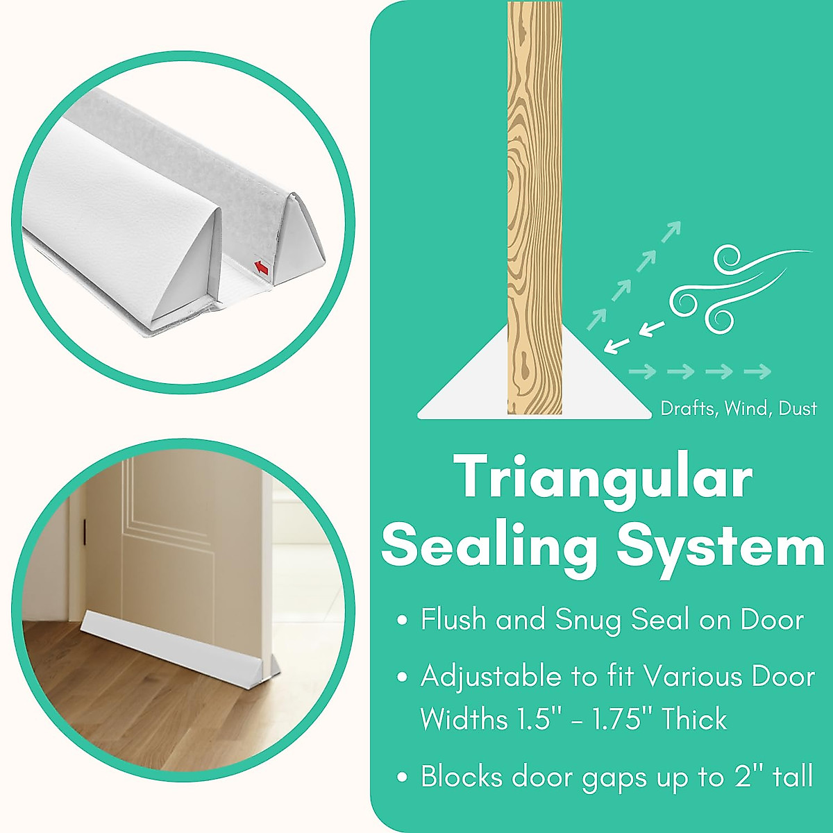 Absolute Living Triangular Door Draft Stopper - Snug and Flush Block Wind, Light, Dust, Noise Adjustable Bottom of Blocker 2'' Tall Under The Guard (35.5'' Cuttable), White