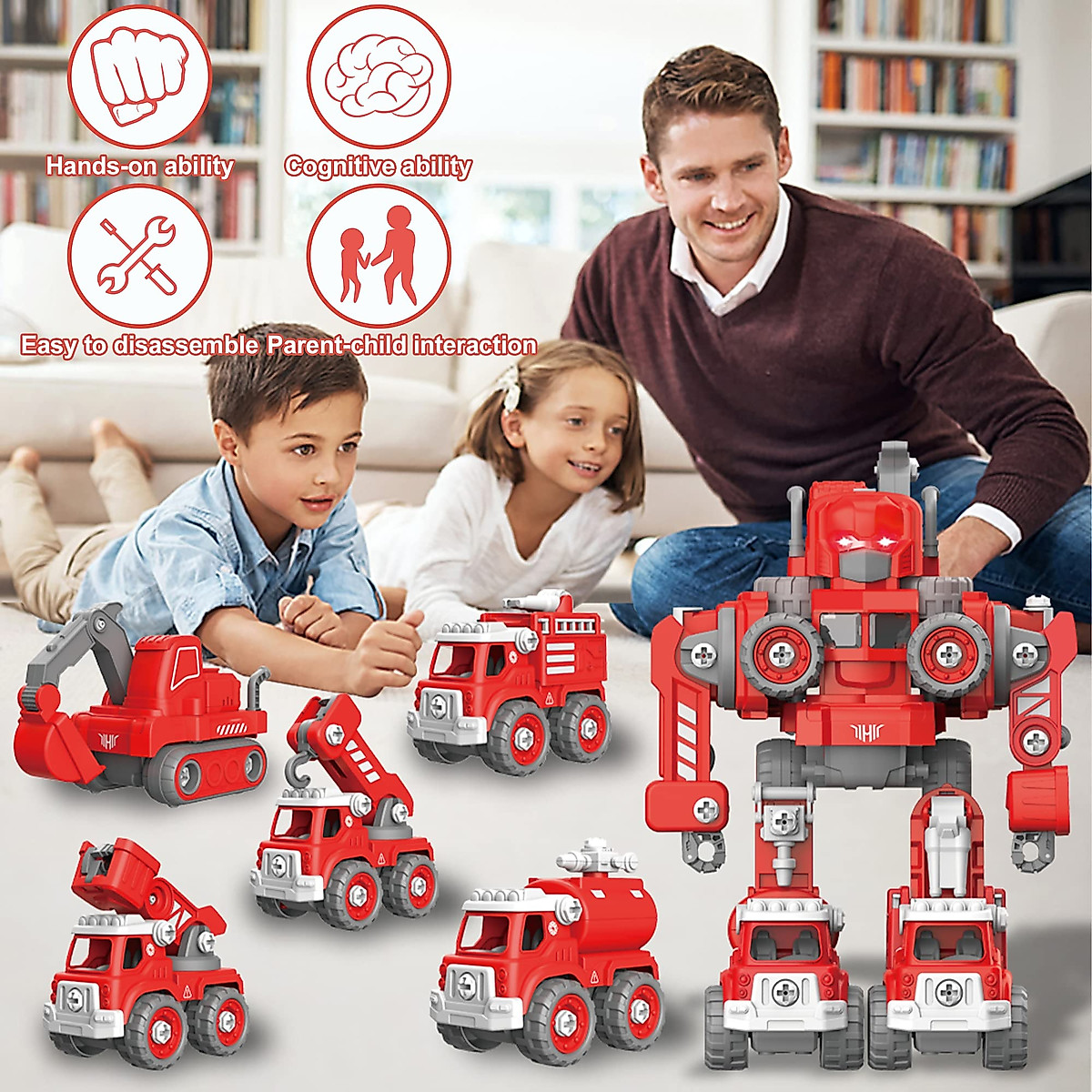 Doahurry Fire Truck Toy Take Apart Robot Transformers Toys 5 in 1 Construction Vehicle Comes with a Electric Drill, Assembly Robot Building Toy Crane Toy Kids Ages 4-12 Birthday (Red)