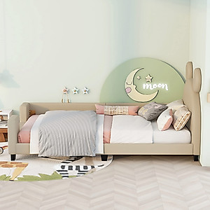 Merax Cute Kids Wood Twin Day Bed with Mouse Ears Headboard, Low Platform Bed Frame for Kids,Boys,Girls, No Box Spring Need (Twin, Grey)