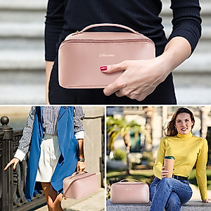 Baonmy Upgrade Large Capacity Travel Cosmetic Bag,Makeup Bag,Opens Flat Waterproof PU Leather Large Makeup Bag,Portable Makeup Organizer Bag with Dividers and Handle