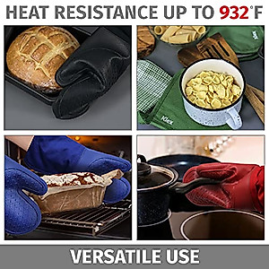 Klex Extra Long Silicone Oven Mitts and Pot Holders, 932°F Degrees Heat Resistance with Quilted Liner Oven Gloves and Hot Pads, 4 Piece Set, 15 inch, Green