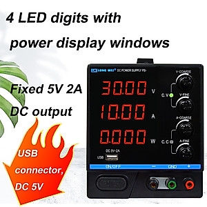 LWLONGWEI DC Power Supply Variable,30V 10A Adjustable Switching Regulated DC Bench Power Supply with 4-Digits LED Power Display, Coarse and Fine Adjustments with Alligator Leads Black