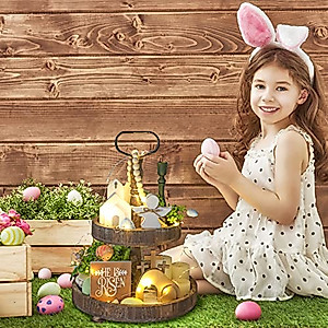 5 Pcs Jesus Tomb Easter Tray Bundle Kit with LED Fairy Lights, Wooden Easter Jesus Sign He Is Risen Resurrection Scene Nativity Christ Statue Farmhouse Easter Tiered Tray Decor for Home Church Table