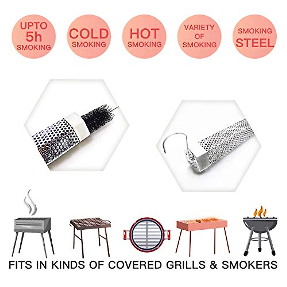 12" Pellet Smoker Tube for Cold or Hot Smoking, 2 pack Steel BBQ Wood Pellet Tube Smoker Generator Smokers Fit Electric Gas Charcoal Grill, Food tong…