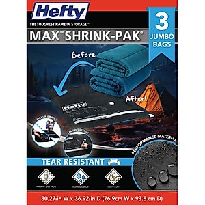 Hefty MAX Shrink-Pak Vacuum Storage Bags – Max Strength Tear-Proof Bags For Clothes, Pillows, Towels, Blankets & More – Space Saver Suction Sealer Bags for Home – 3 Jumbo, 30 x 36 Inches