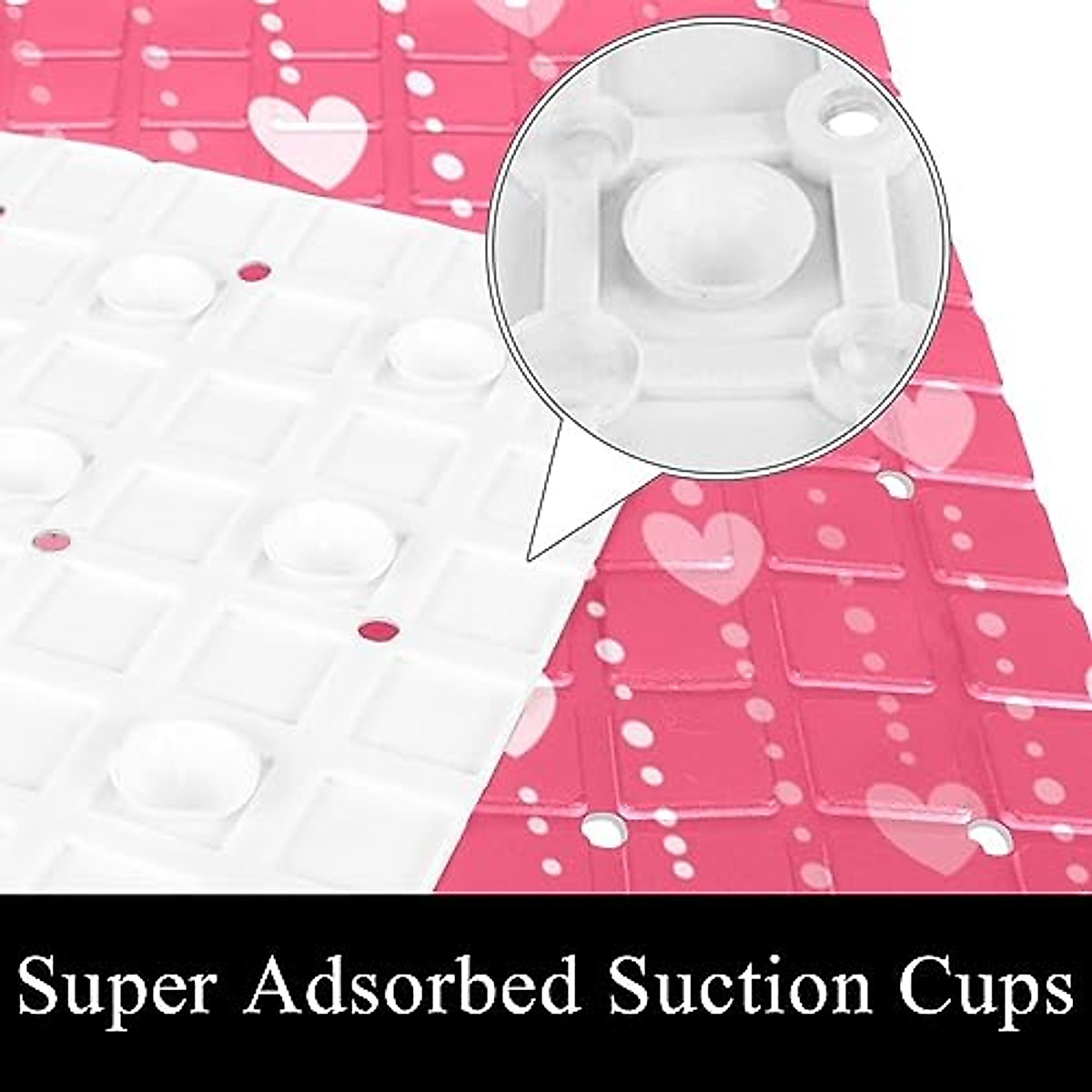 Bath Tub Shower Mat - Anti-Slip PVC Material 15.1x26.8 in, Gentle Cushioning Quick Drying Suction Cups Reliable Solution - Heart Stripe - Pink Non-Slip Floor Mat