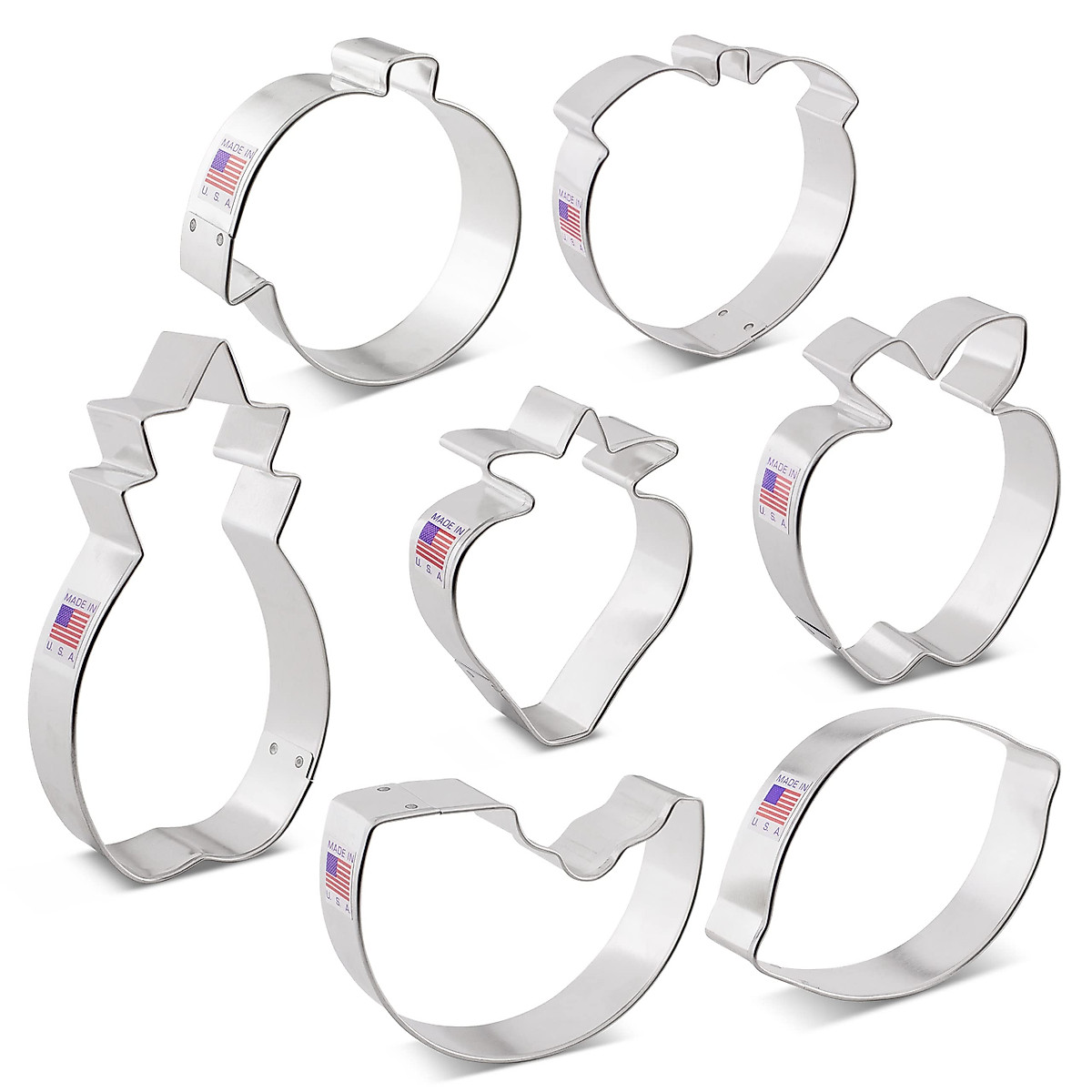 Fruit Basket Cookie Cutters 7-Pc. Set Made in the USA by Ann Clark, Lemon, Peach, Pineapple, Watermelon, Orange, Strawberry, Apple