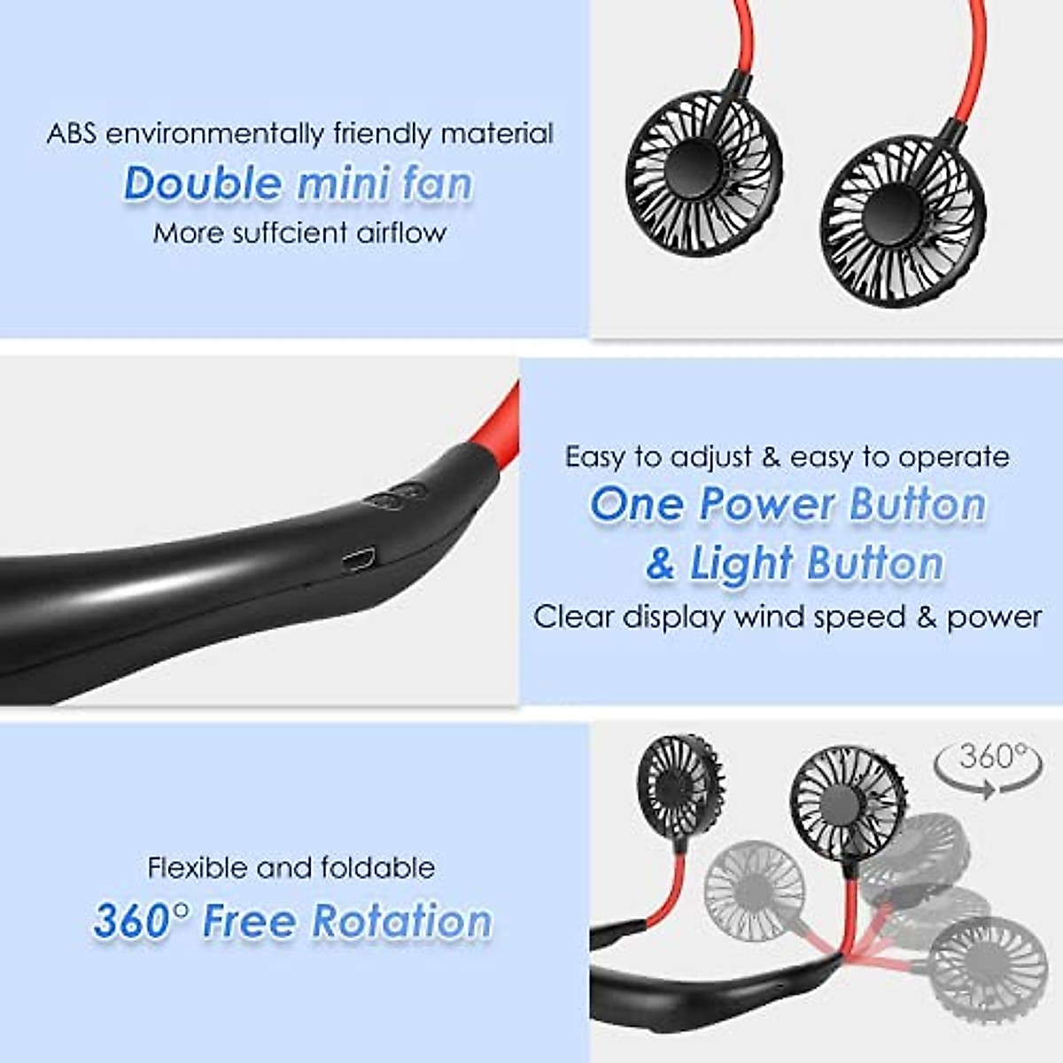 Neck Fan, Portable Usb Rechargeable Led Fan Headphone Design Hand Free Personal Fan Wearable Cooler Fan with Dual Wind Head for Camping Home Outdoor