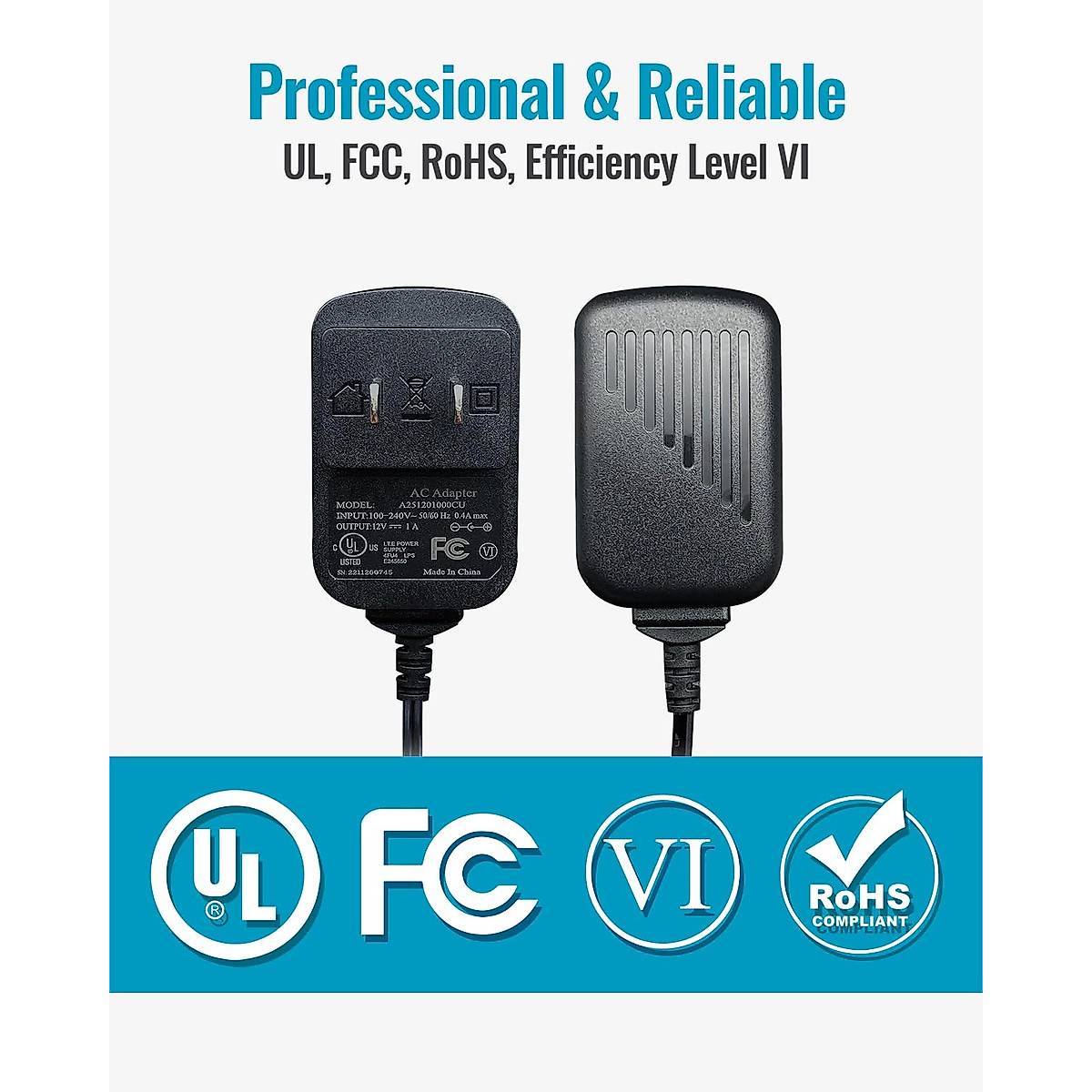 12V 1A 5ft Power Supply Adapter,100-240V 50/60Hz AC to DC 12V 1000mA 12W 5.5mm*2.1mm Universal Wall Charger with DC Connectors 5.5 * 2.5mm/3.5 * 1.35mm/4.0 * 1.7mm, Center Positive, UL FCC VI