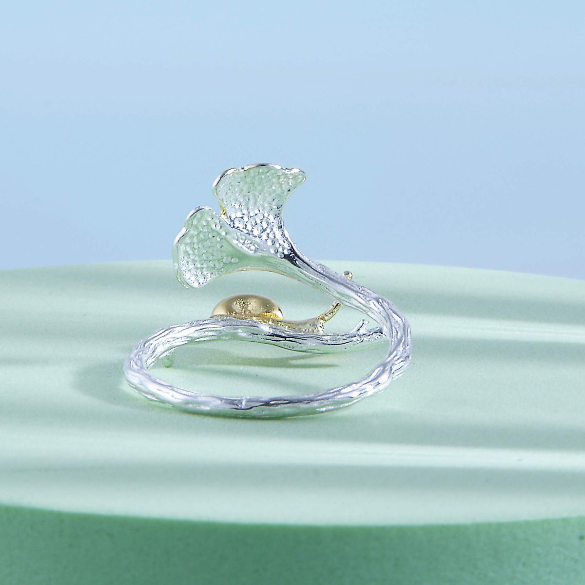 Helen de Lete Snail On Ginkgo Leaf 925 Sterling Silver Open Ring For Women