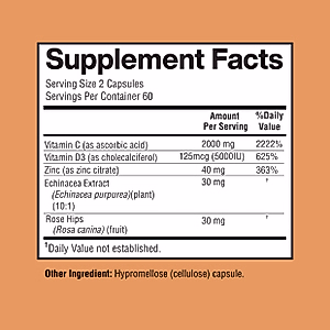 Happi Mi Nutrition Vitamin C 2000MG, Zinc 40 mg, Vitamin D3 5000 IU, Echinacea Extract, Rose Hip, Immune Support for Adults & Kids, Immune Booster,120 Vegan Caps, 60 Day Supply, Non GMO, No Filler