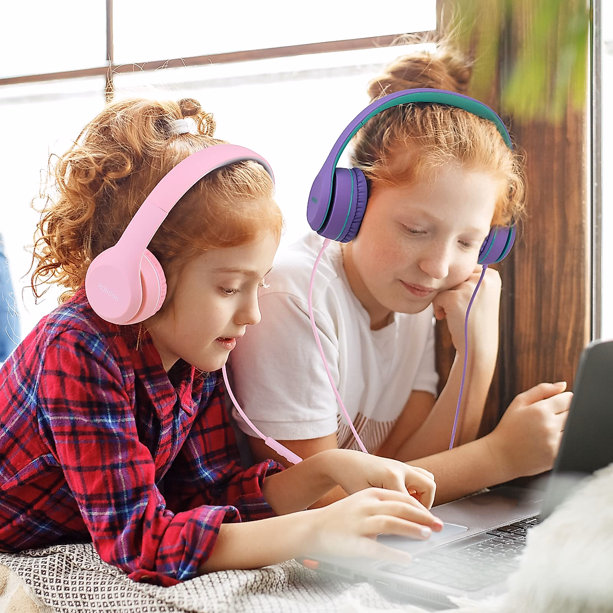 RORSOU K5 Kids Headphones with Microphone for shchool, Volume Limiter 85/94dB, Foldable Stereo Tangle-Free 3.5mm Jack Wired Cord On-Ear Headphones for Children/Boys/Girls/Kindle/Tablet/MP3/4 (Pink)