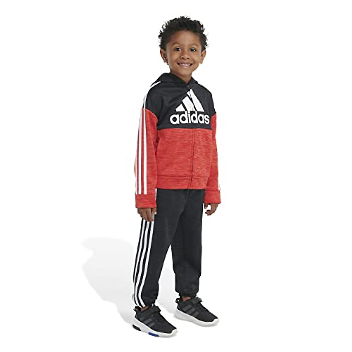 adidas Boys' Long Sleeve Color Block Mélange Fleece Jacket Set, Black Heather with Red, 4