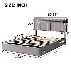RIDFY Queen Size Bed Frame with LED Light Headboard, Modern Upholstered Bedframe with Bluetooth Player, USB Charging and Hydraulic Storage, Heavy Duty Platform Camas, Multifunctional (Gray)