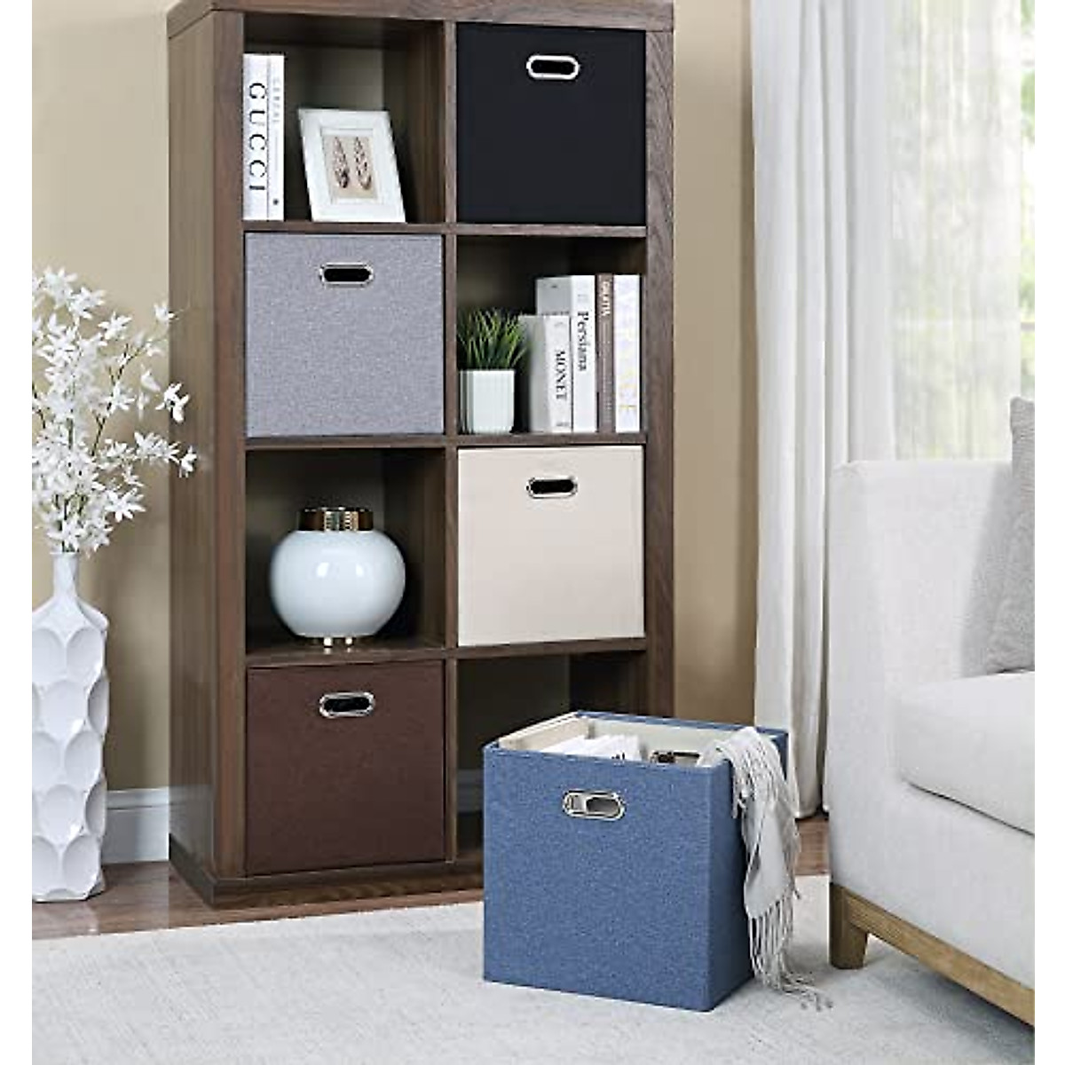 SunnyPoint Cloth Foldable Storage Basket Bin, Foldable Storage Cube Boxes Fabric Drawer with Metal Handle for Closet Shelf, Cabinet, Bookcase (13", Cream)