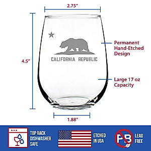 California Flag Stemless Wine Glass - State Themed Drinking Decor and Gifts for Californian Women & Men - Large 17 Oz Glasses