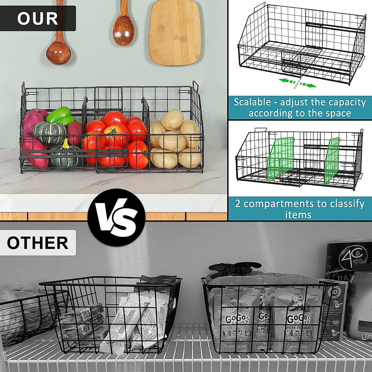 Can Storage Dispenser,Capacity Adjustable Can Storage Basket with Handles,Large Canned Food Basket for Kitchen Cabinet Organizer or Pantry Countertop,Soda,Snack,Black