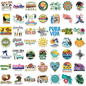 50Pcs Costa Rica Stickers Pack, Aesthetic Pura Vida Waterproof Vinyl Stickers for Water Bottle Laptop Scrapbook Journal, Summer Tropical City Decals for Kids Girls Teens Adults