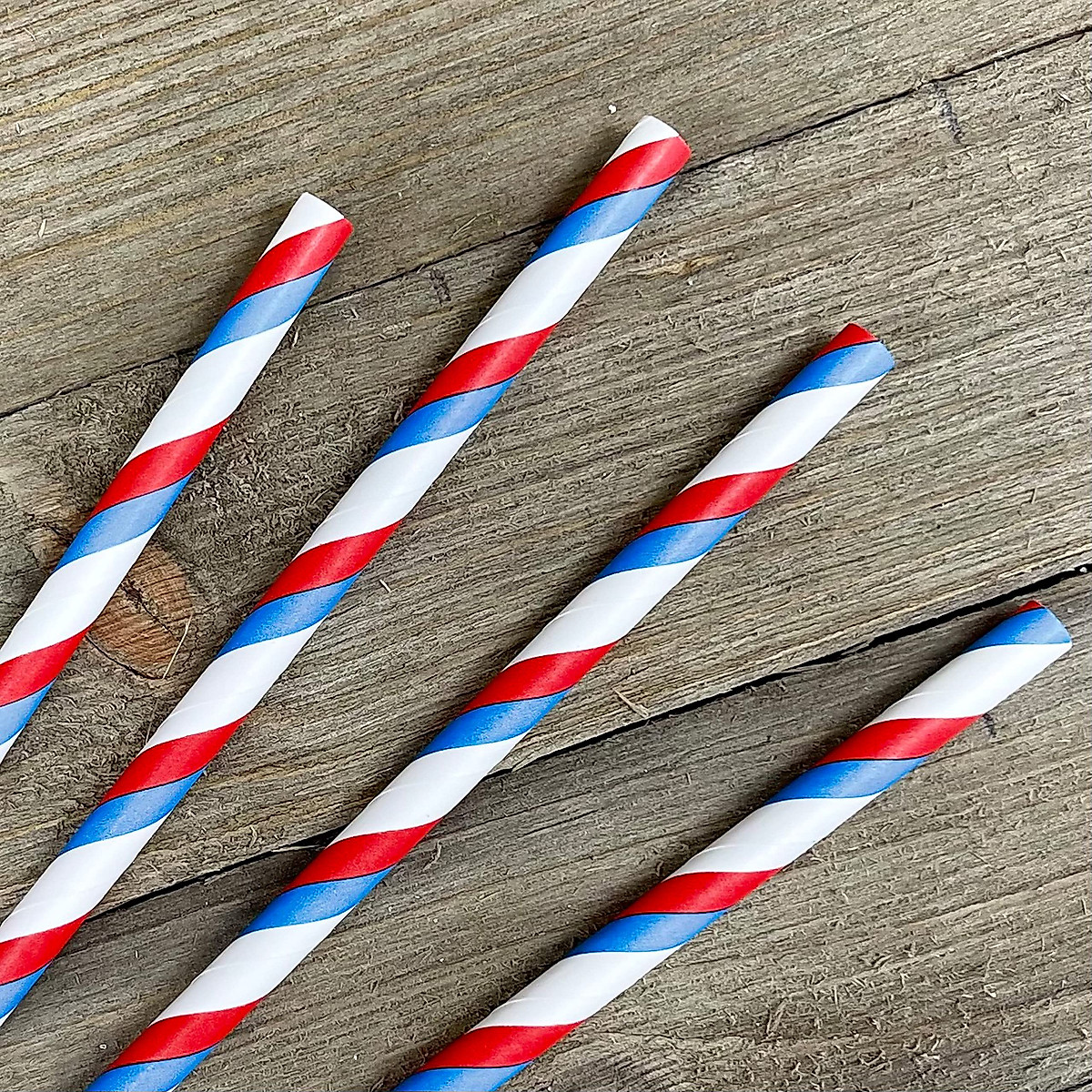 Outside the Box Papers Patriotic Ice Cream Sundae Kit - July Red and White Stripe Paper Treat Cups - Plastic Spoons - American Flag Picks - Paper Straws - 16 Each