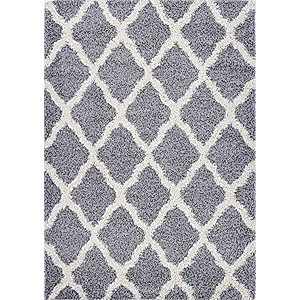 Pierre Cardin Luxury Shag/Flokati Collection Trellis Rug Design Abstract Area Rugs for Living Room, Bedroom, Kitchen Patterns Accent Contemporary Area Rugs (8' x 10', Gray/Light Gray)