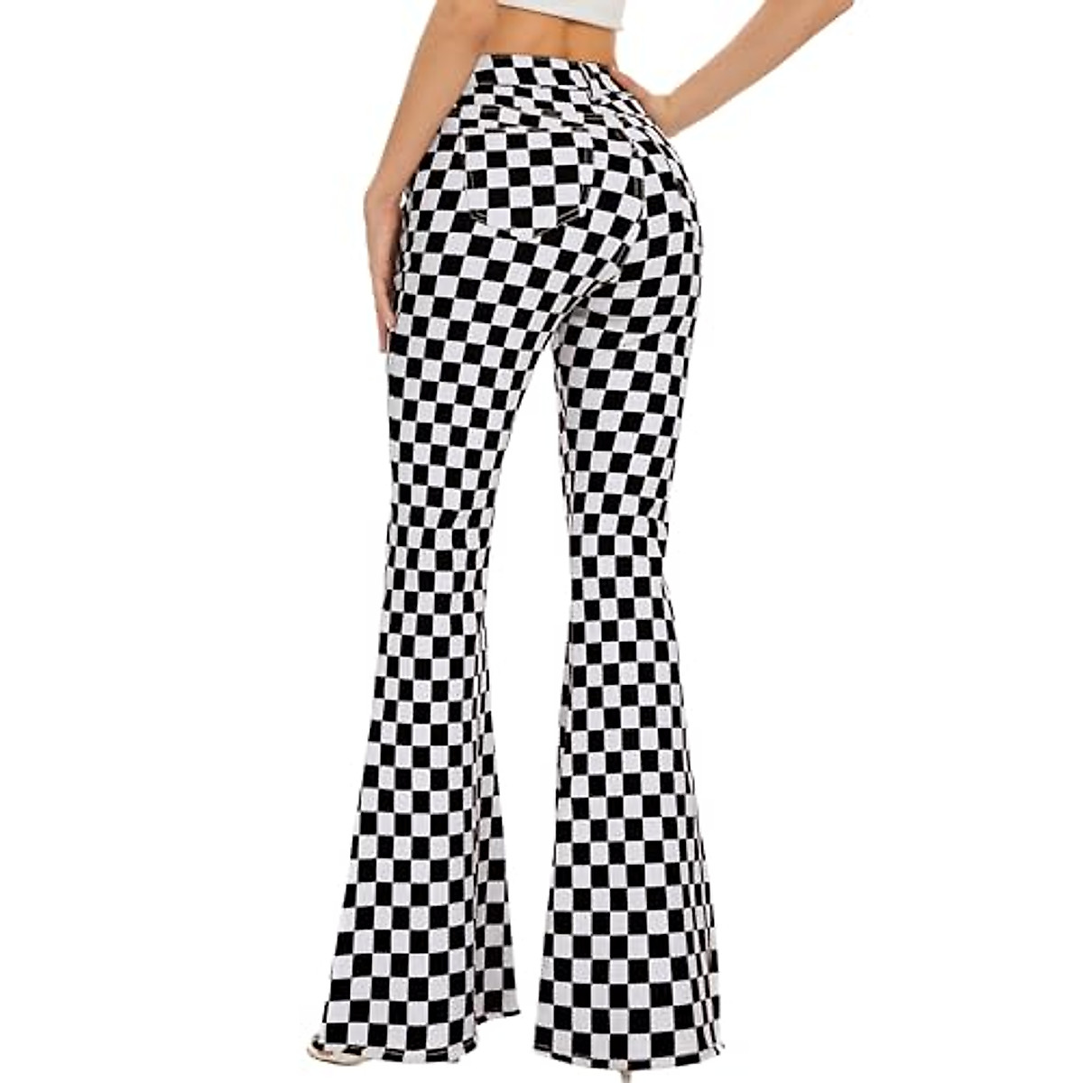 Odefou Bell Bottom Jeans for Women High Waisted Stretch Plaid Flare Jeans Bootcut Pants(Black White Plaid,6)