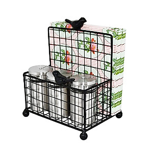 OwlGift Metal Salt & Pepper Holder, Upright Napkin Holder w/Top Cast Iron Bird, Freestanding Condiments Storage Organizer, Napkin Caddy for Tabletop, Office, Restaurant, Dinning Table – Black