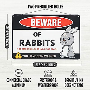 Venicor Beware of Rabbit Sign Decor - 8 x 12 Inches - Aluminum - Bunny Rabbit Decorations Accessories Gifts Supplies Stickers Stuff