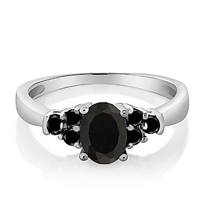 Gem Stone King 925 Sterling Silver Oval Black Onyx and Black Diamond Women's Bridal Wedding Ring (0.59 Cttw, Gemstone Birthstone, Available In Size 5, 6, 7, 8, 9)