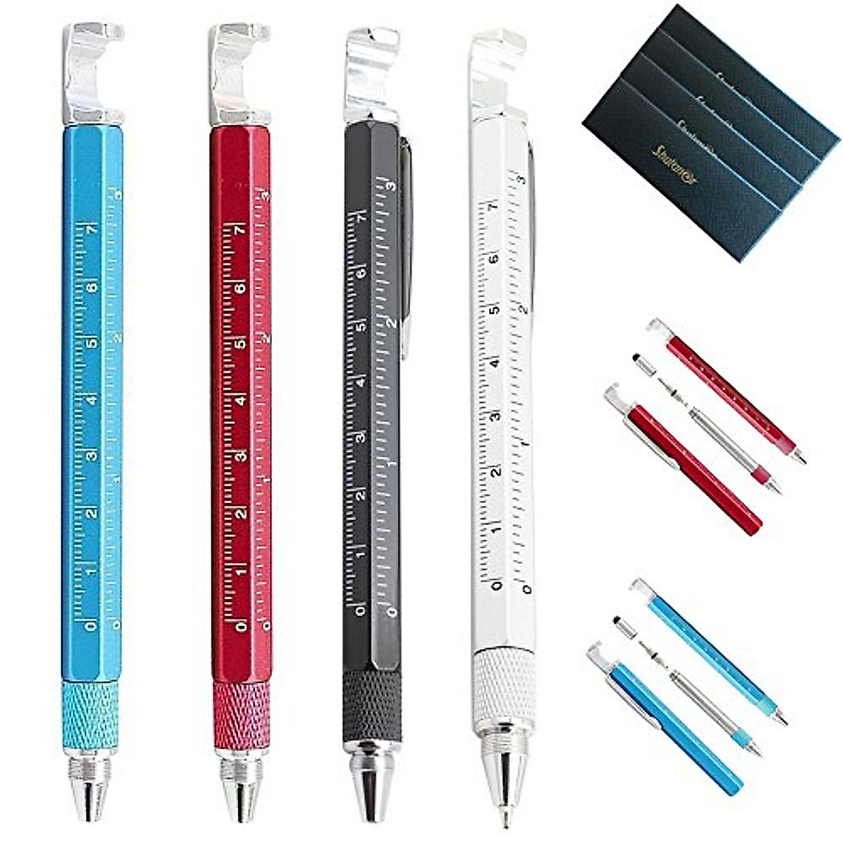Shulaner 7 in 1 Metal Tech Tool Pen with Ruler, Bottle Opener, Phone Stand, Ballpoint Pen, Stylus and 2 Screw Driver, Multifunction Tool Fit for Men or Women, 4 Color, Pack of 4