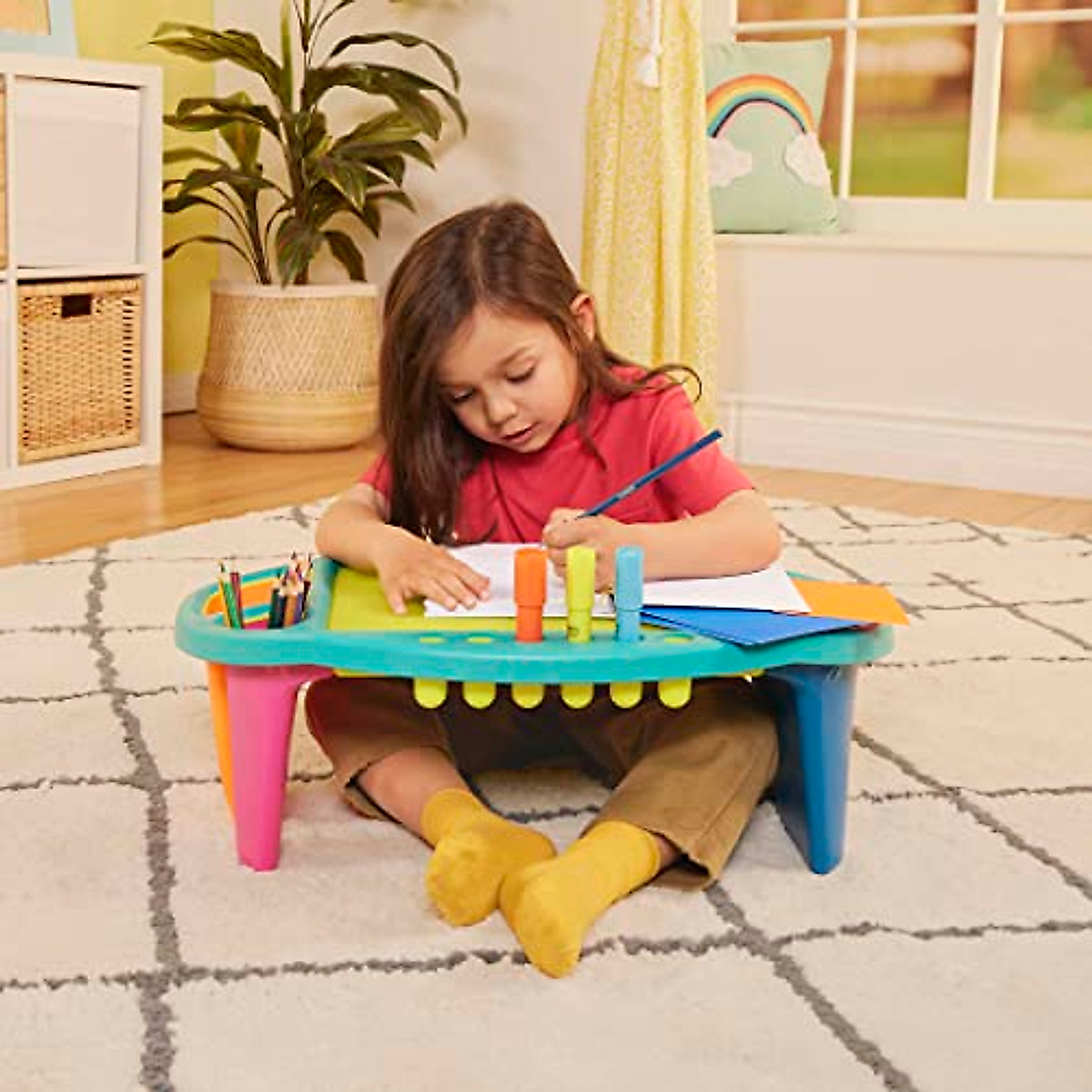 B. toys- Imagination Station- Creaitve Kids Lap Desk – Lap Desk for Art, Coloring, Writing – Portable Table with Storage Space – Reusable Sticker Set – 3 Years +