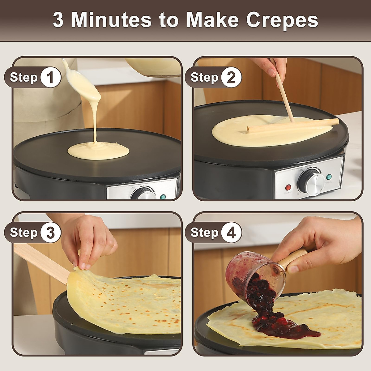 UVFAST Crepes Maker 12'', Electric Crepe Maker & Griddle, Non-Stick Crepe Pan, Crepe Machine with Crepe Spreader, Perfect for Crepes Roti, Tortilla, Blintzes, Pancakes, Adjustable Temperature, 1000W