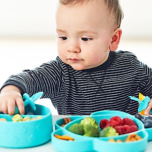 grabease Silicone Suction Plate for Baby & Toddler Self-Feeding, 6-Section Dish With Stay-Put Grip, BPA and Phthalates-Free, Dishwasher and Microwave Safe, Bright Teal