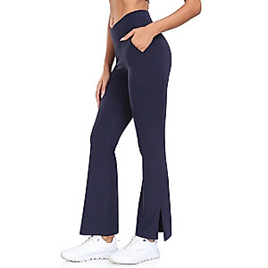 YUNOGA Women's Flare Leggings with Pockets, Crossover High Waist Buttery Soft Bootcut Yoga Pants, Split-Hem Bell Bottom Pants (L, Navy)