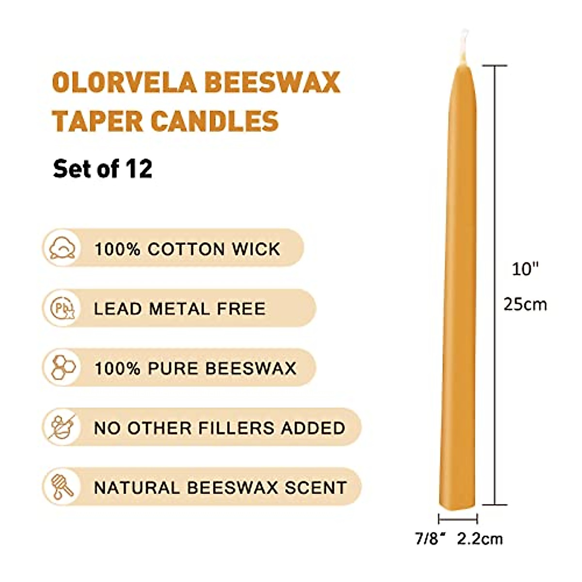 olorvela Beeswax Candles 12Pack 10" Taper Candles Handmade Candle Sticks 100% Pure Beeswax Smokeless and Dripless Beeswax Tapered Candles (Yellow)