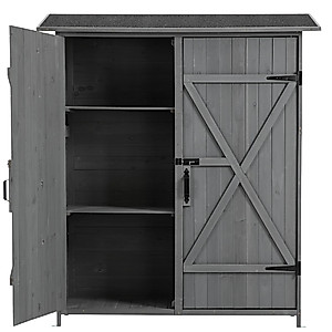 Outdoor Storage Shed with Lockable Door, Wooden Tool Storage Shed w/Detachable Shelves & Pitch Roof, Easy to Assemble Suitable for Home and Yard (Grey)