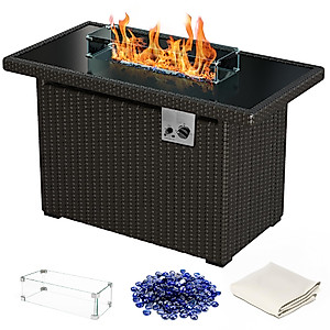 Gorilla Gadgets Premium 2-in-1 50,000 BTU Fire Pit. Discreet Under-Table Storage, Protective Glass Wind Guard, Lightweight Steel Frame, and Weatherproof Brown Wicker. Elevate Your Outdoor Experience!