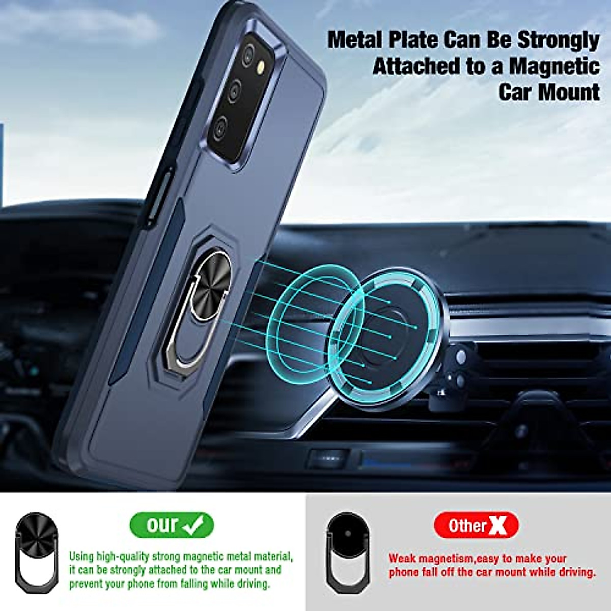 Bonkier Samsung Galaxy A03S Case, Samsung A03S Case with 2X Tempered Glass Screen Protector,[Military Grade] Shockproof Built-in Magnetic Kickstand Phone Case for Samsung Galaxy A03S (Blue)