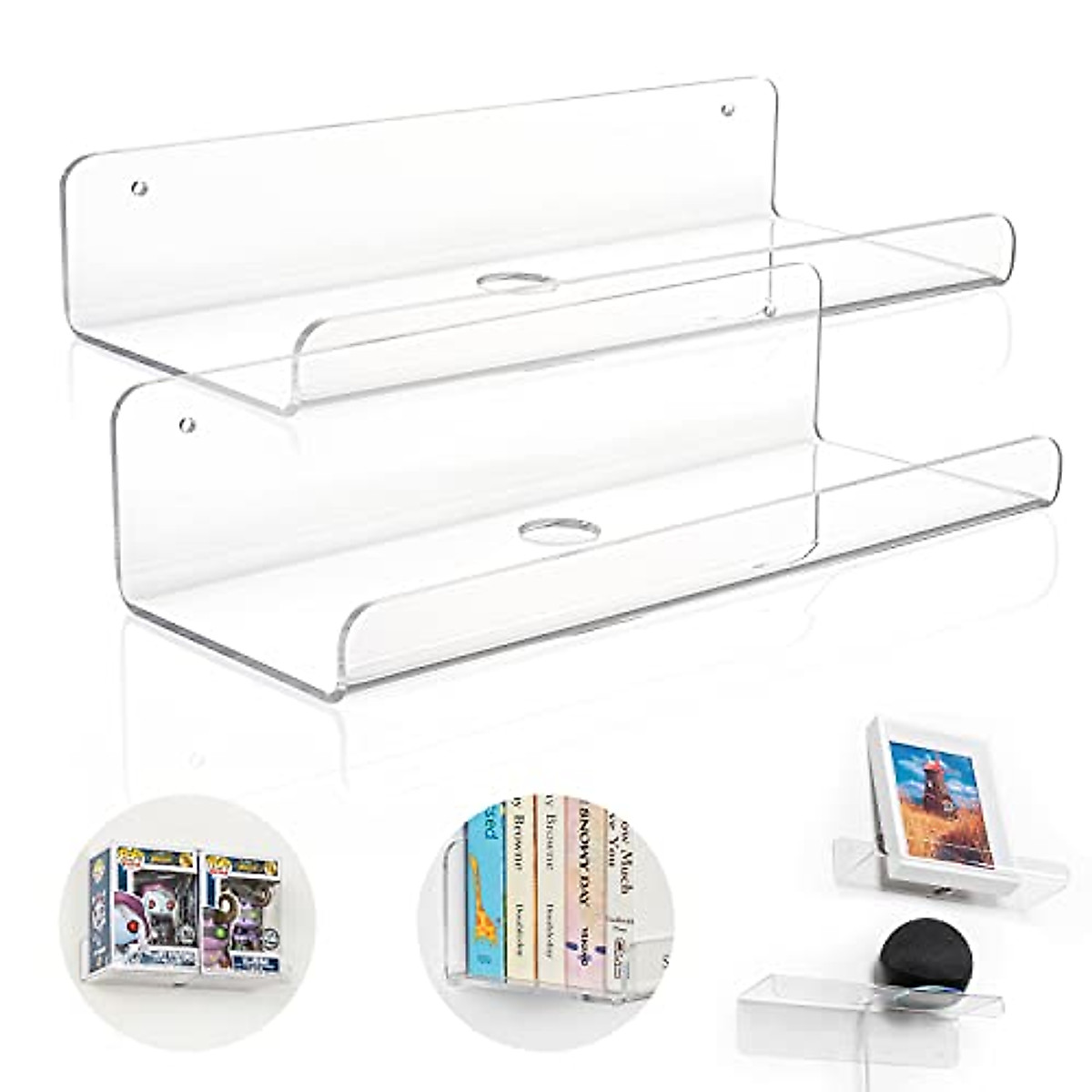 HAYVAN Clear Acrylic Shelves with Lip Set of 2 - Durable Wall Bookshelf for Kids - Floating Shelf Decoration & Storage for Figures/Collectibles/Makeup/Small Plants/Magazines/Toys (10 Inches)