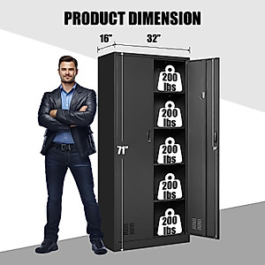 Metal Garage Storage Cabinet, Locking Garage Tool Cabinet, 71"Tall Steel Storage Cabinets with Doors and Adjustable Shelves, Locker Black Metal Tool Cabinets for Garage, Home Office, Assembly Required