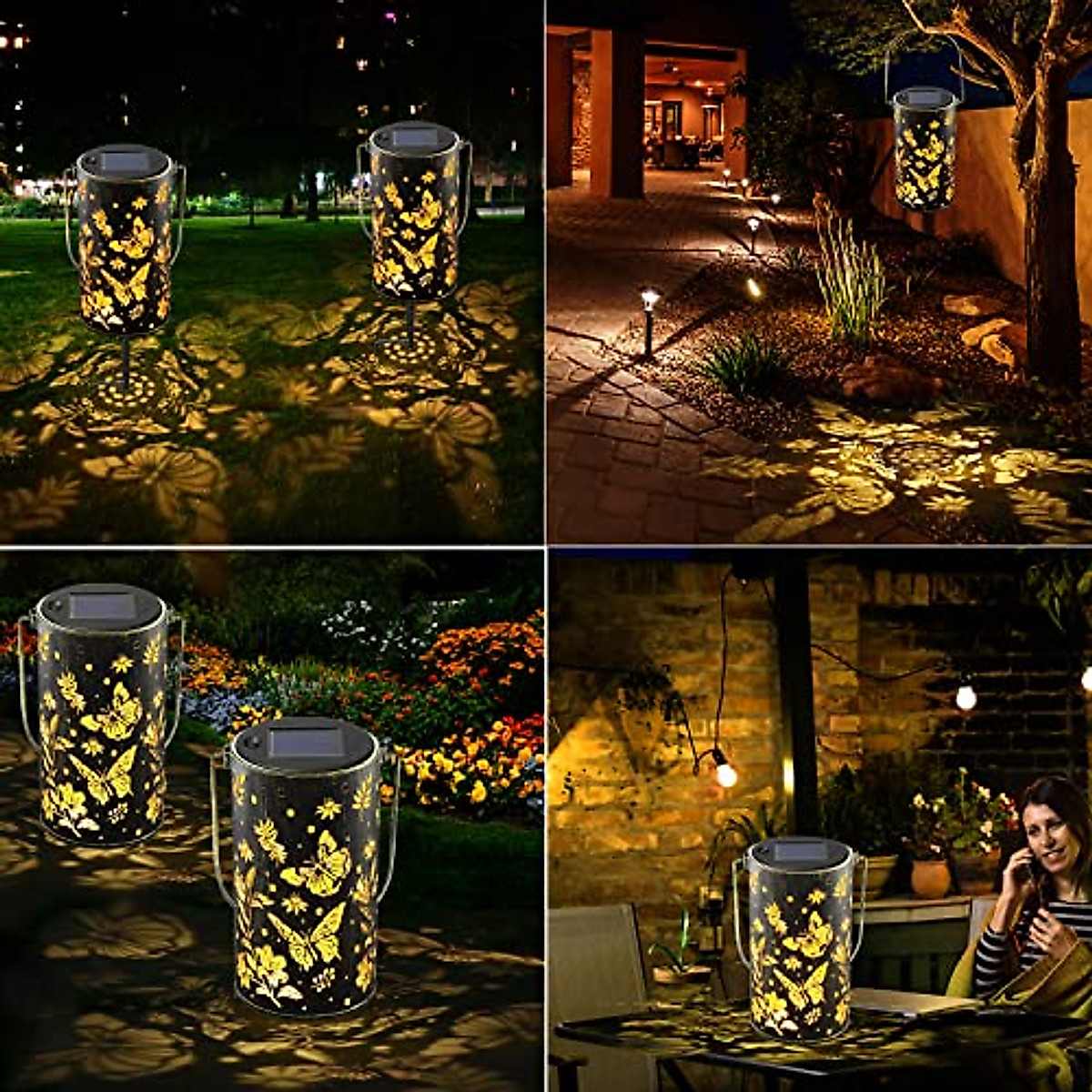 Taomika 2 Pack Solar Lanterns Garden Hanging Solar Lantern Outdoor Waterproof, Solar Lantern Light Butterfly Solar Lights for Patio Yard, Pathway, Fence, Walkway, Decorative Lamp