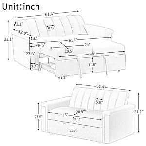 Verfur Multi-Functional Pull Out Loveseat Sleeper Sofa Bed, 3-in-1 Convertible Futon Couch Love Seat Chaise Lounge with Adjustable Backrest for Living Room Home Office RV Furniture