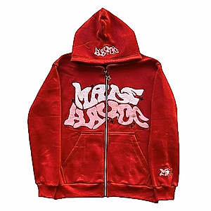 Amiblvowa Oversized Zip Up Hoodie for Women Y2k Vintage Graphic Grunge Sweatshirt Jacket Coat Men Baggy Goth Aesthetic Punk Hooded Harajuku Streetwear (A-Letter Red, M)