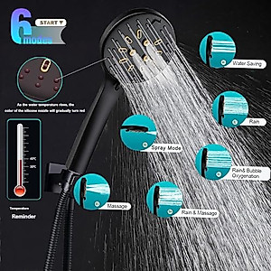 AWAXFOLO 12'' High Pressure Square Shower Head with 6-Function Adjustable Spray Handheld, 13'' Extension Arm, 78'' Hose, Water Temperature Reminder, Matte Black