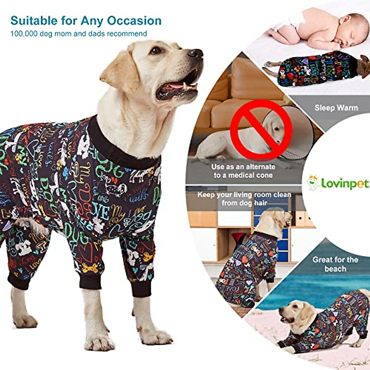 LovinPet Large Dog Pajamas, Wound Care/Post Surgery Shirt, UV Protection, Love My Dog Text on Black Print, UV Protection, Pet Anxiety Relief, Large Dog Onesies, Pet PJ's/Medium
