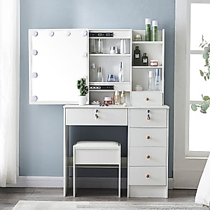 Abesthink Makeup Vanity Table with Drawers, Vanity Desk Set with Shelves, Dresser Desk and Cushioned Stool Set White for Gitls Women