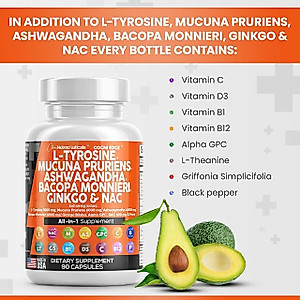 Clean Nutraceuticals L Tyrosine Mucuna Pruriens Bacopa Monnieri Ashwagandha Focus Supplement w/N-Acetyl Cysteine NAC 5-HTP Ginkgo Biloba Alpha GPC Vitamin C D B1 B12
