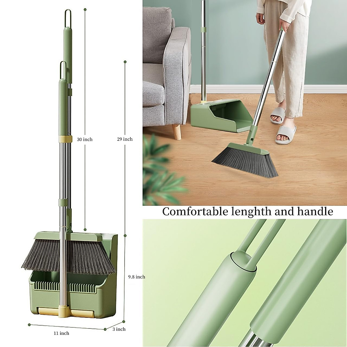 Premium Broom and Dustpan Combo Set - Long Handle, 180° Rotating, Standing Storage - Built-in Comb Teeth and Claps for Dust Wipe Paper - Space-Saving Design (Orange)