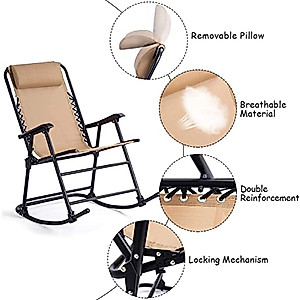 Goplus Folding Rocking Chair, Zero Gravity Rocking Camping Chair with Pillow & Armrests, Folding Lounge Rocker for Outdoor Beach Poolside Yard Garden Indoor