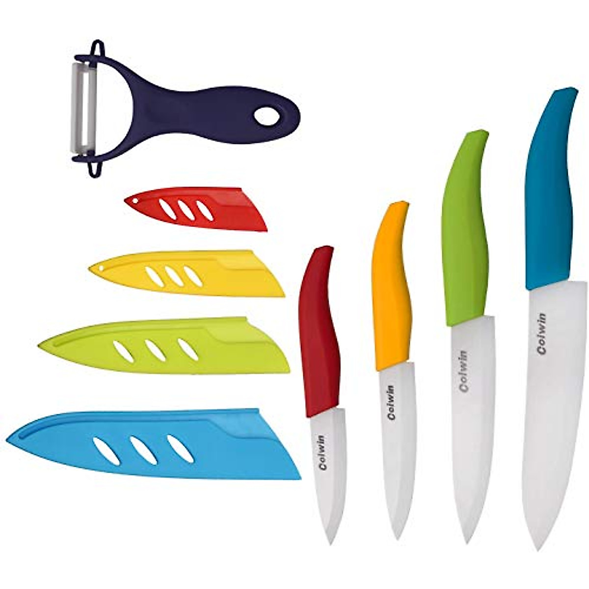 Ceramic Knife Set Color Ceramic Knives Set with Stain Resistant 6 inch Chef Knife, 5 inch Steak Knife, 4 inch Fruit Knife, 3 inch Sushi Knife, Peeler